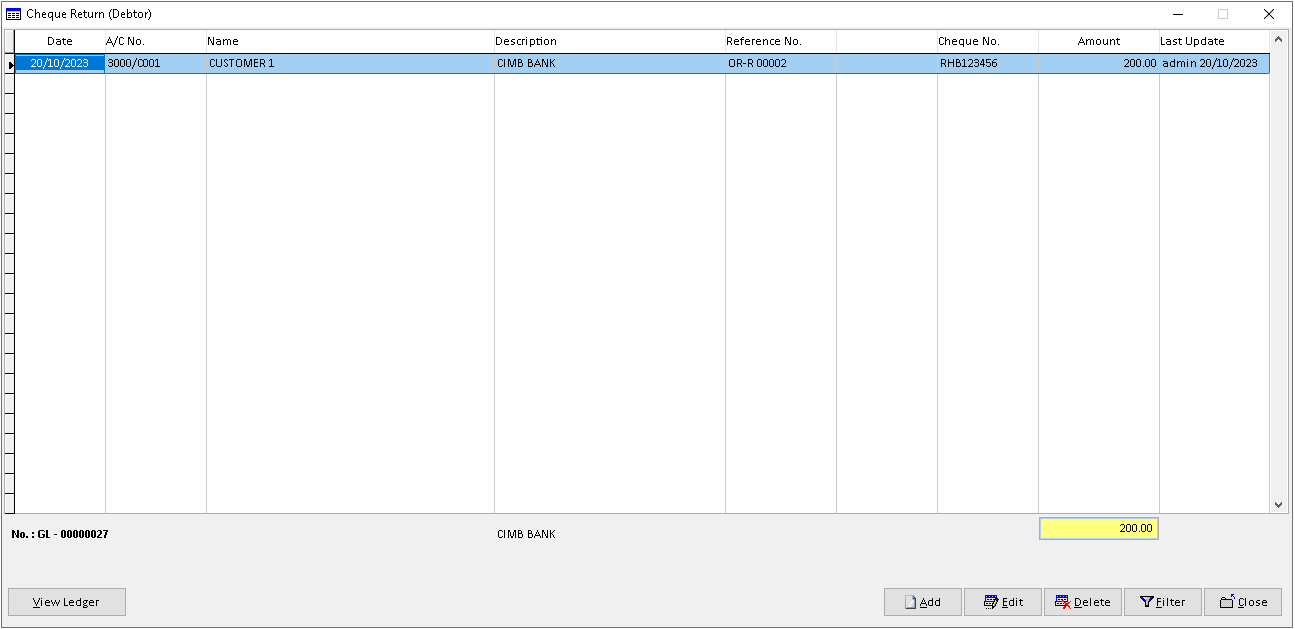 Debtor Cheque Return | Million Software