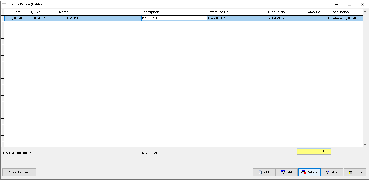 Debtor Cheque Return | Million Software