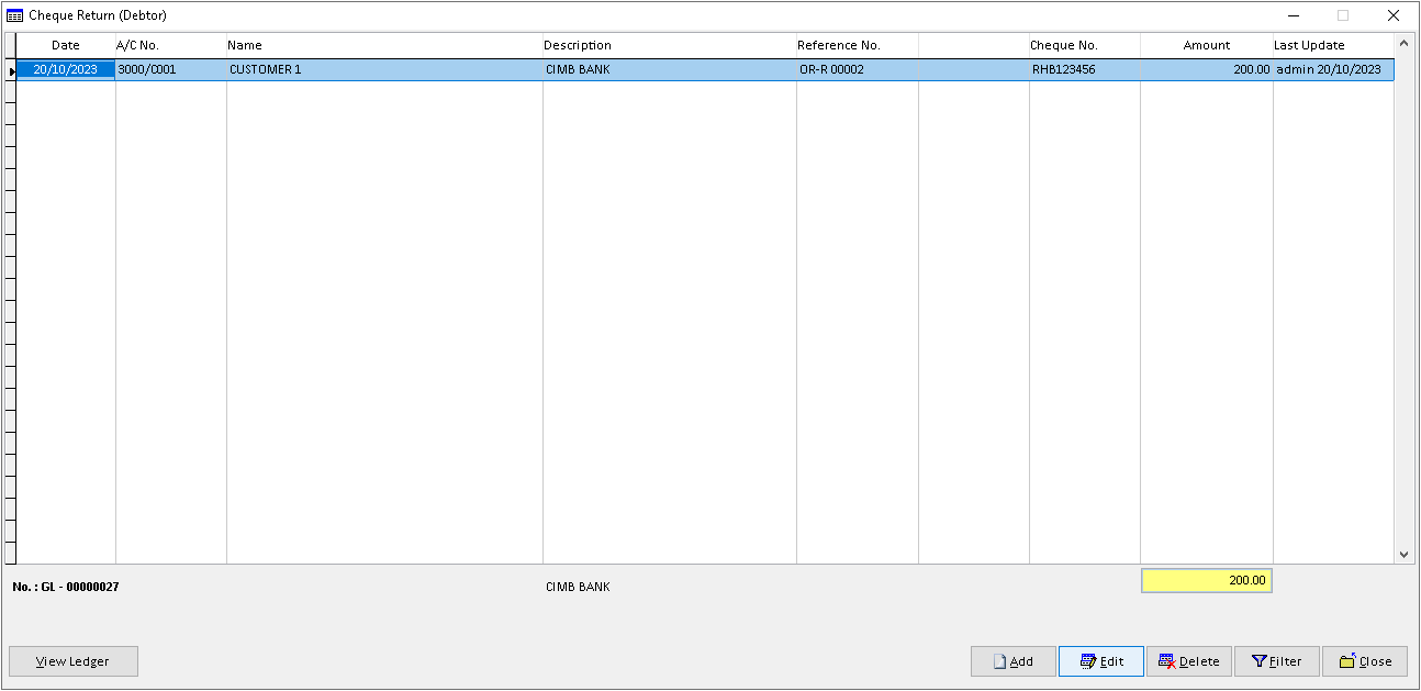 Debtor Cheque Return | Million Software