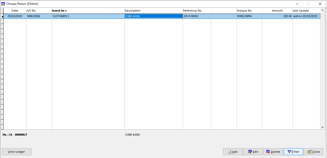 Debtor Cheque Return | Million Software