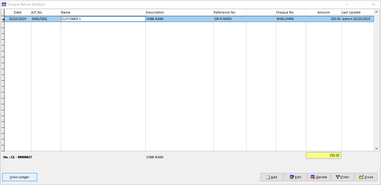 Debtor Cheque Return | Million Software
